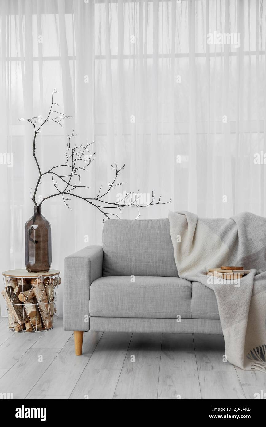 Interior of living room with grey sofa near window Stock Photo - Alamy