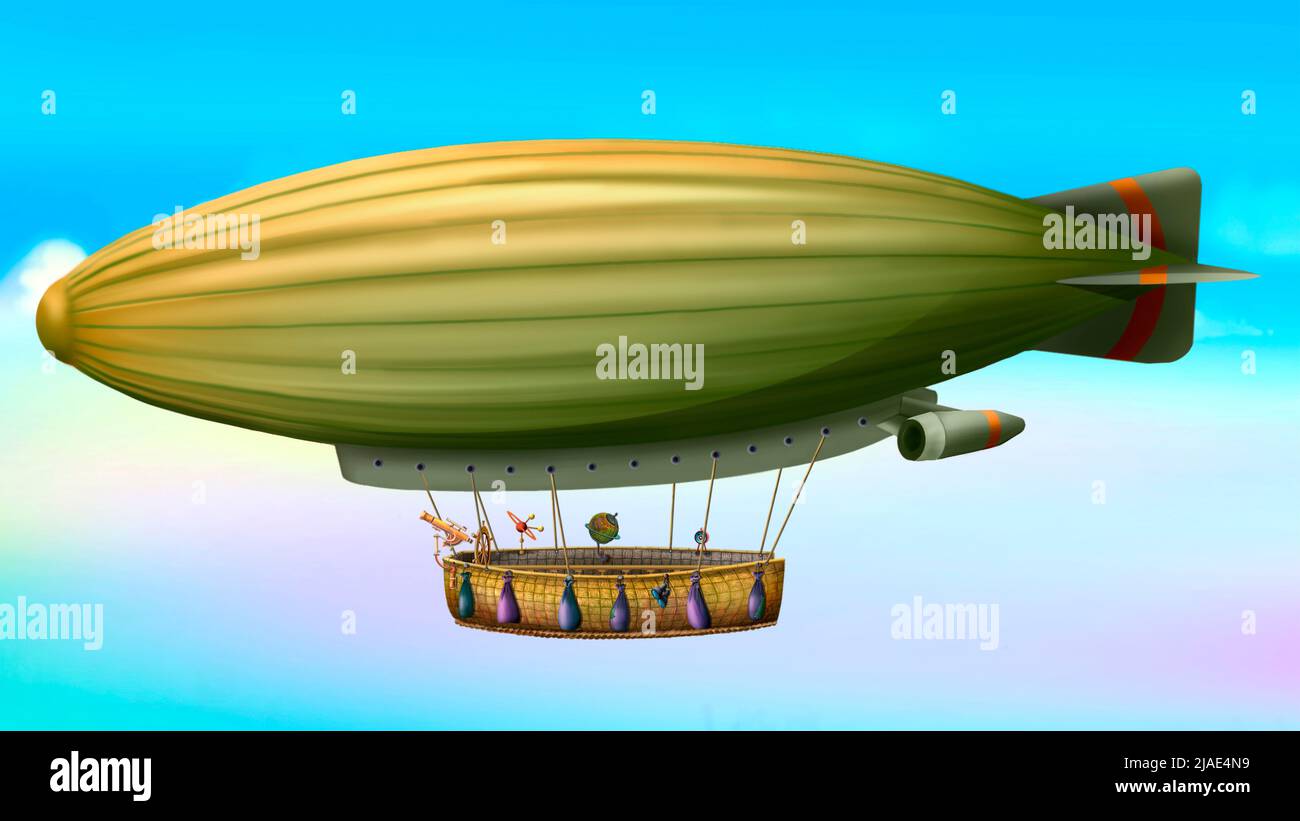 Big cartoon flying green airship. Digital Painting Background ...
