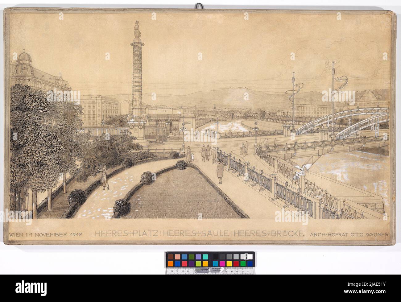 Project for the Brigitta Bridge with army column, perspective. Otto ...