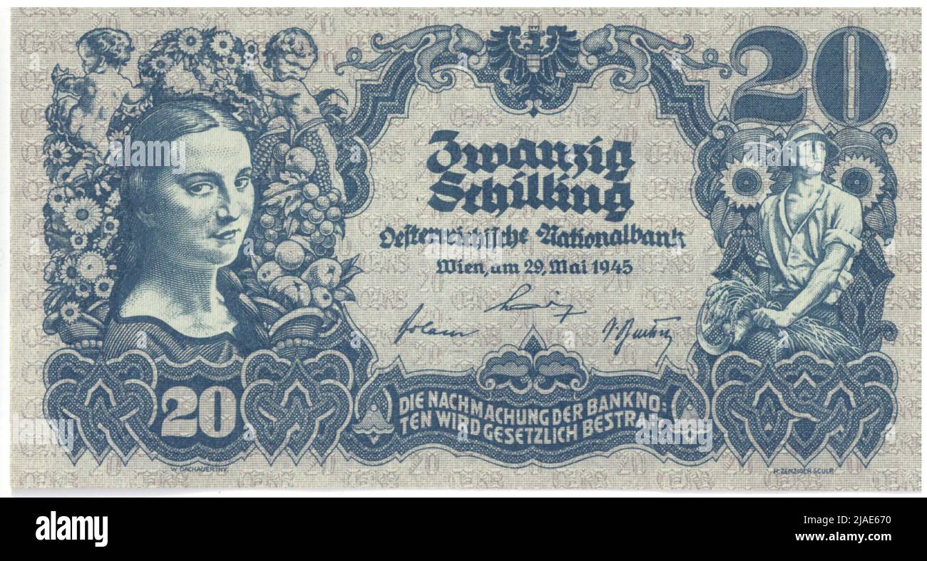 Banknote, 20 Schilling. Wilhelm Dachauer (1881-1951), Artist, Austria ...