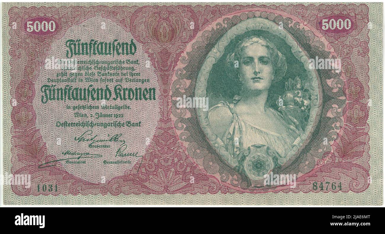 Banknote, 5000 crowns. Alois Hans Schram (1864-1919), Artist, Rudolf ...