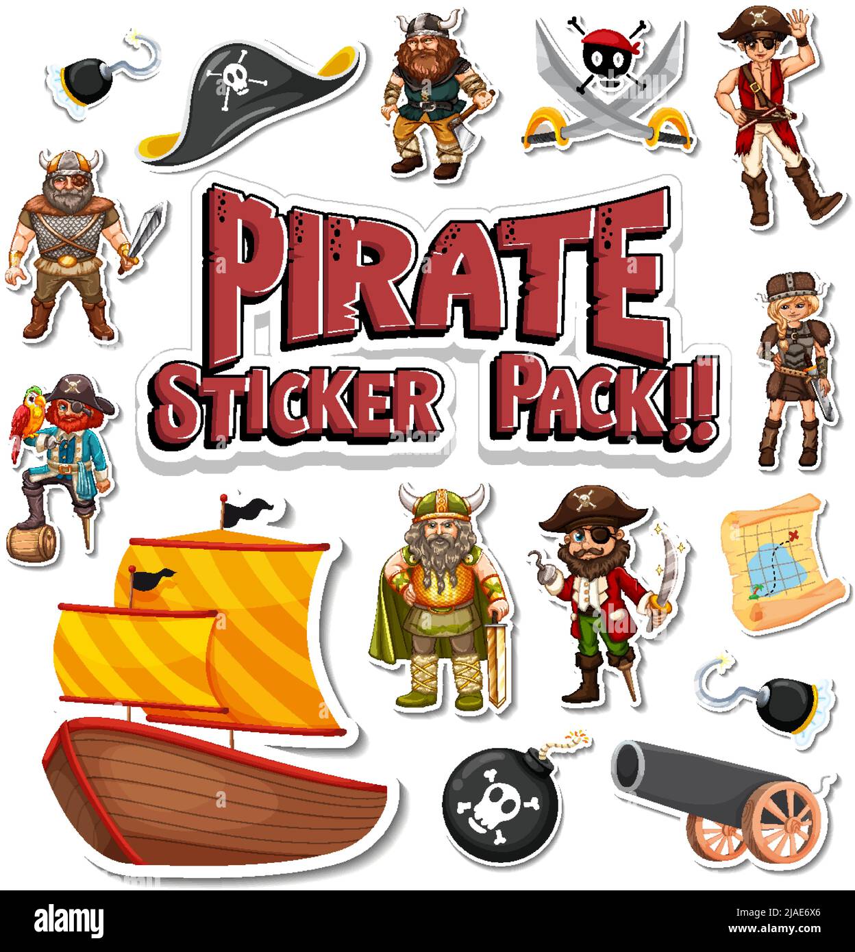 Sticker pack of pirate cartoon characters and objects illustration ...
