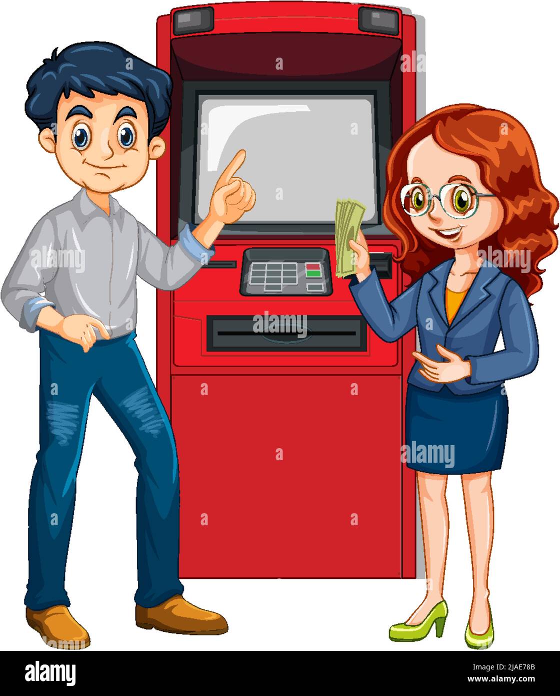 A man withdraw money from atm machine and his wife cartoon character illustration Stock Vector ...