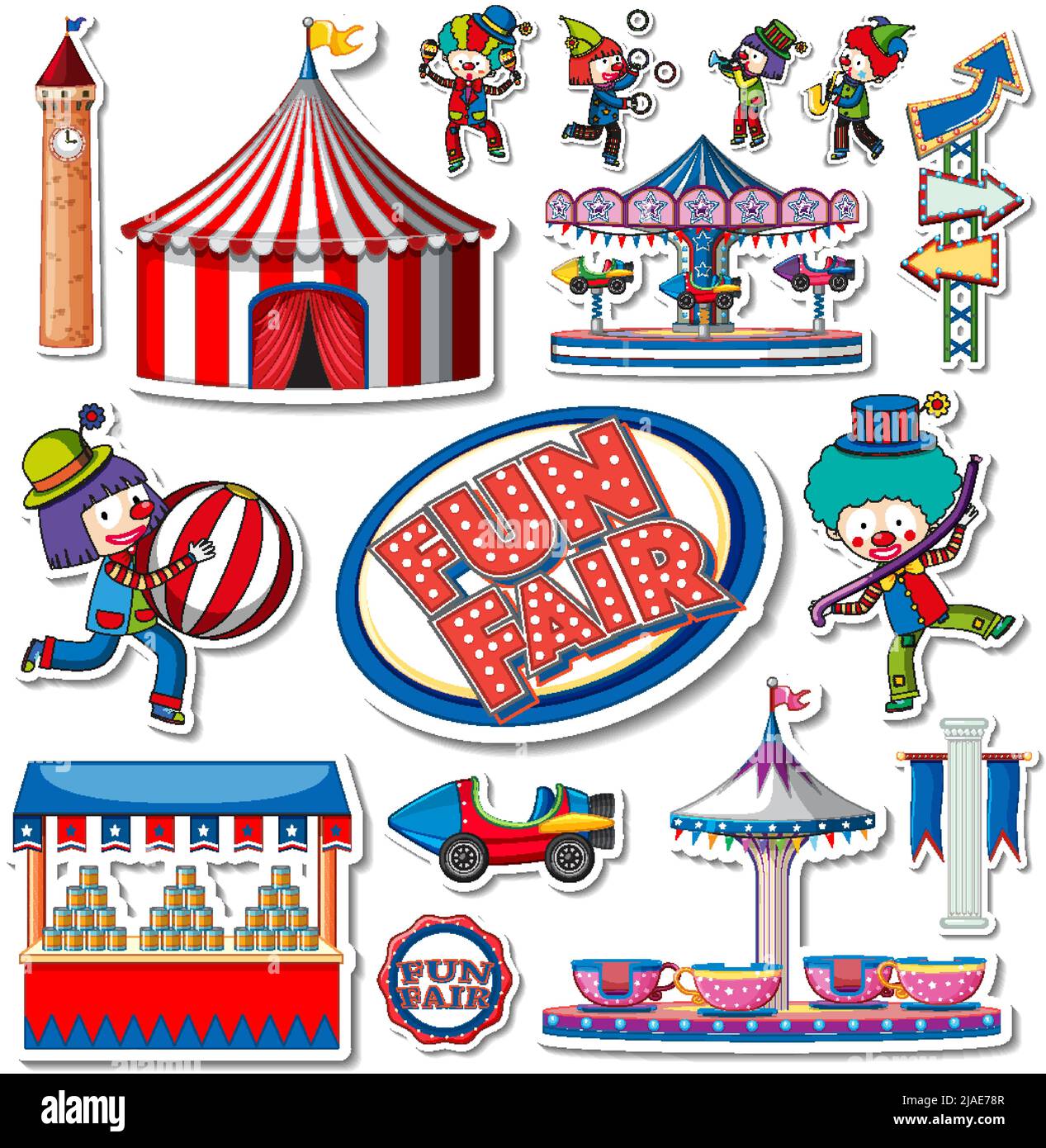 Sticker set of amusement park objects and cartoon characters ...