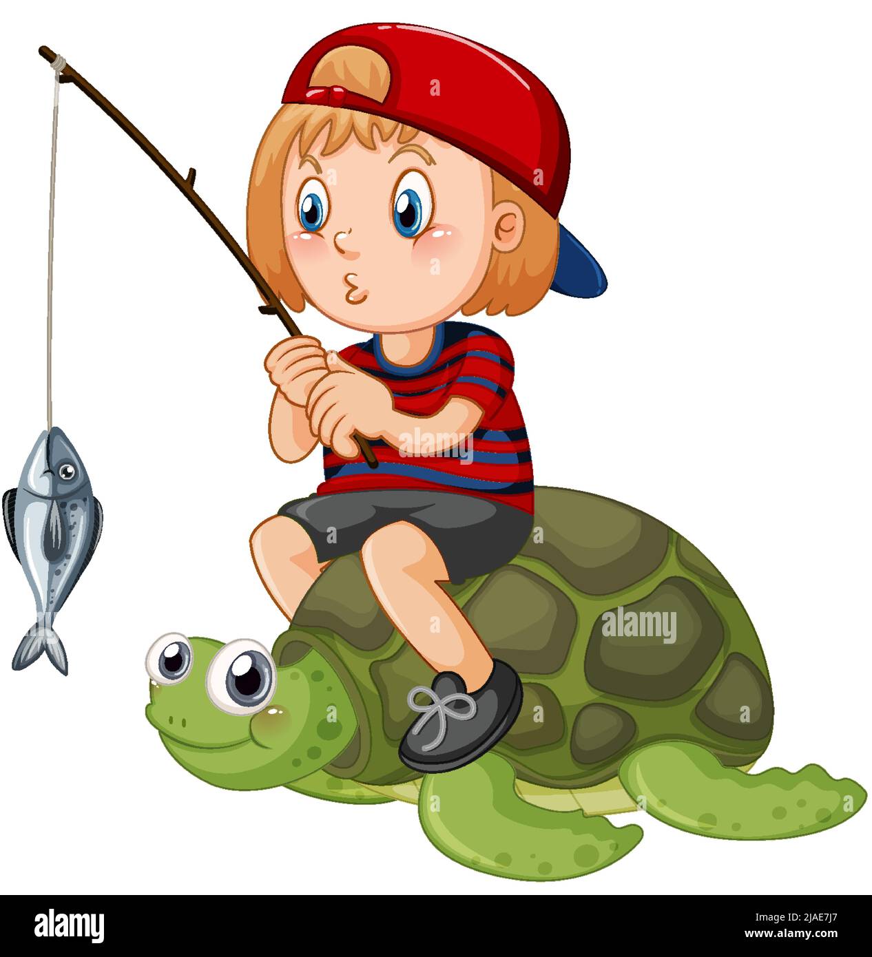 Kid sitting on turtle fishing illustration Stock Vector Image & Art - Alamy