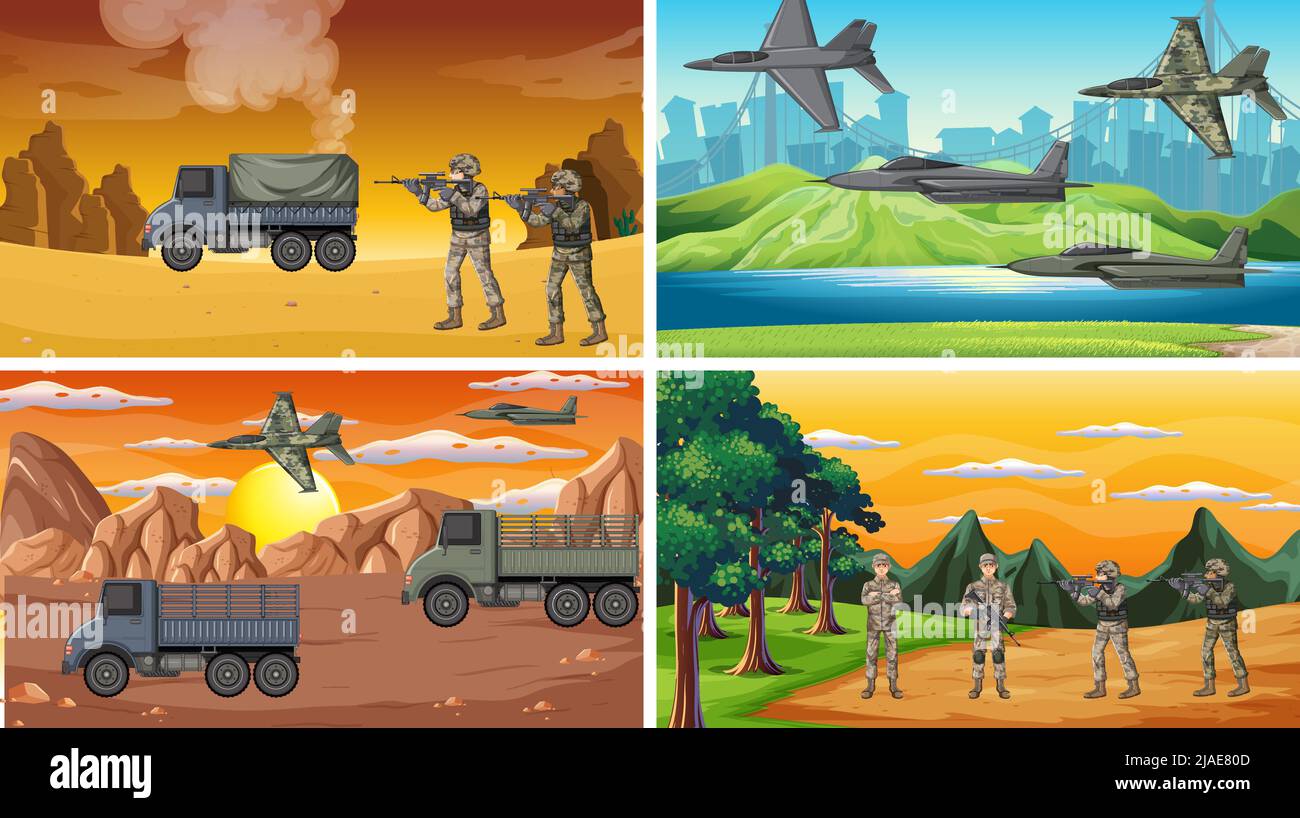 Set of different army war scenes illustration Stock Vector Image & Art ...