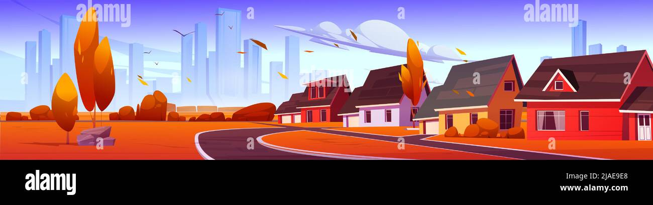 Suburb district with houses, road and city buildings on skyline in ...