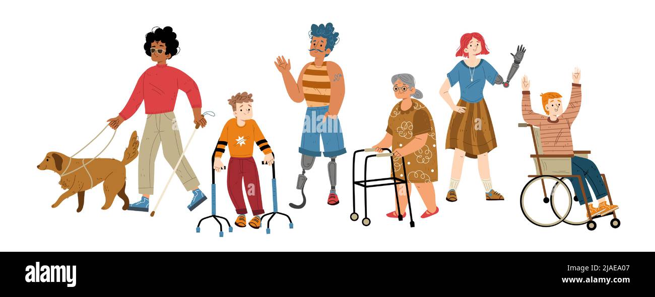 People with different disabilities, old woman with walkers. Vector flat ...