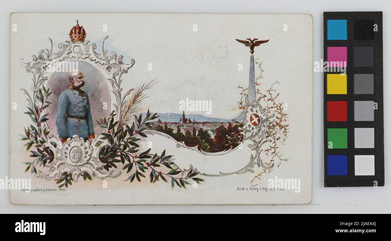 Panorama of Vienna and portrait of Emperor Franz Joseph, postcard. Karl ...