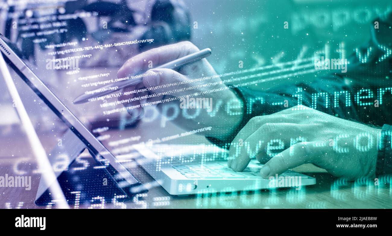 Businessman working with laptop computer on wooden desk in modern ...
