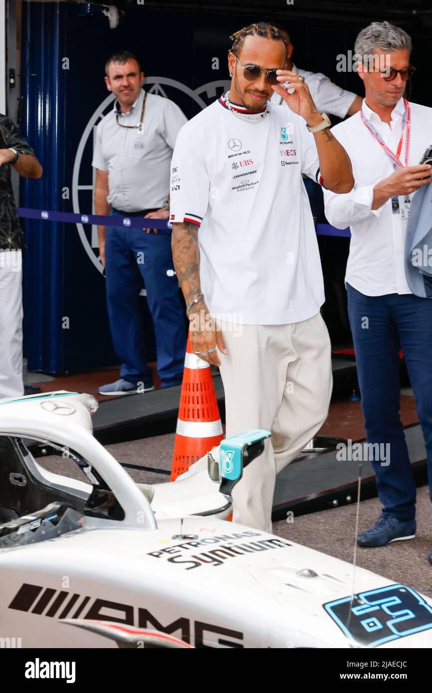 Lewis Hamilton is spotted at Grand Prix of Monaco on May 29, 2022 in ...