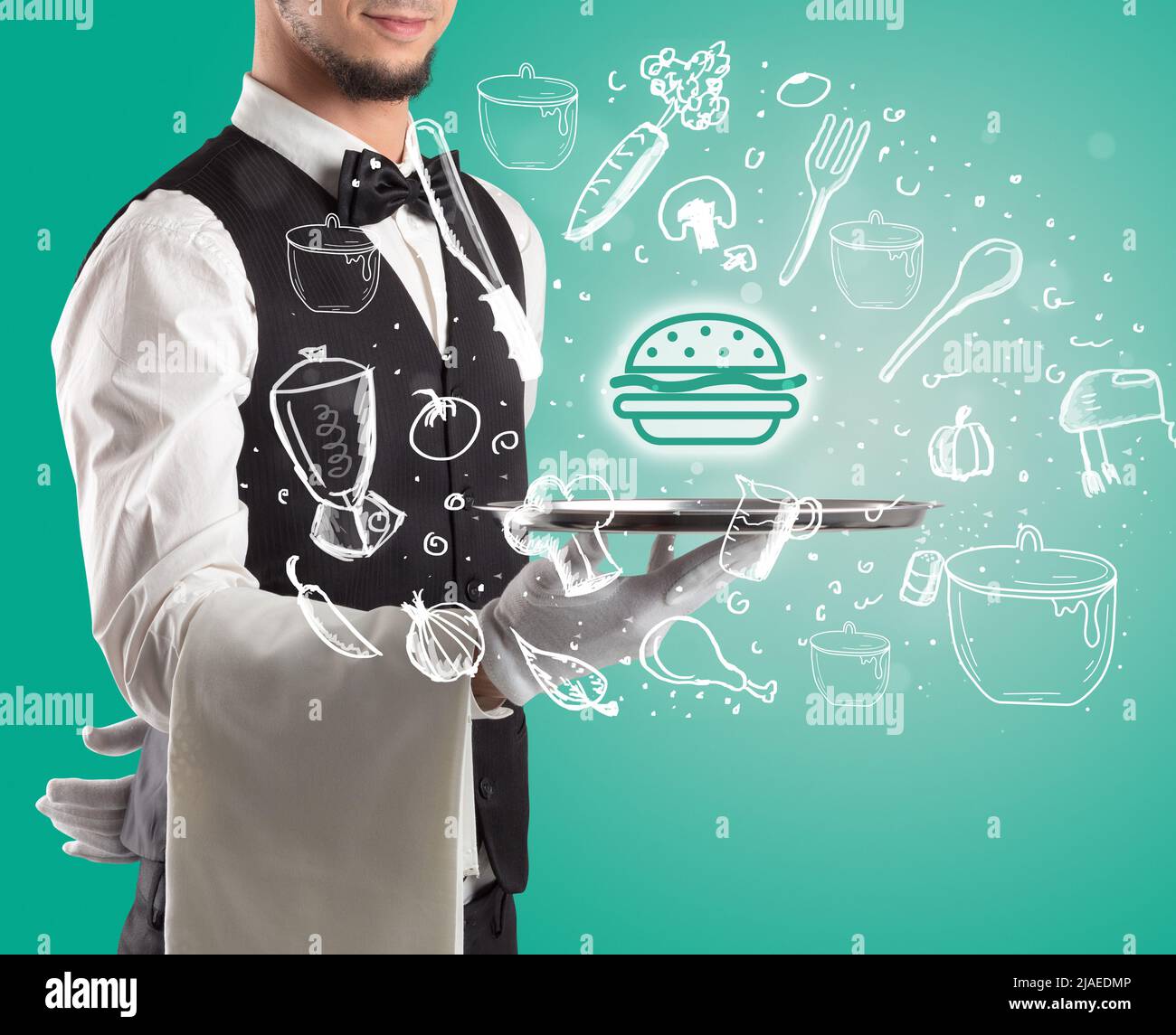 Waiter holding silver tray with food icons above Stock Photo - Alamy