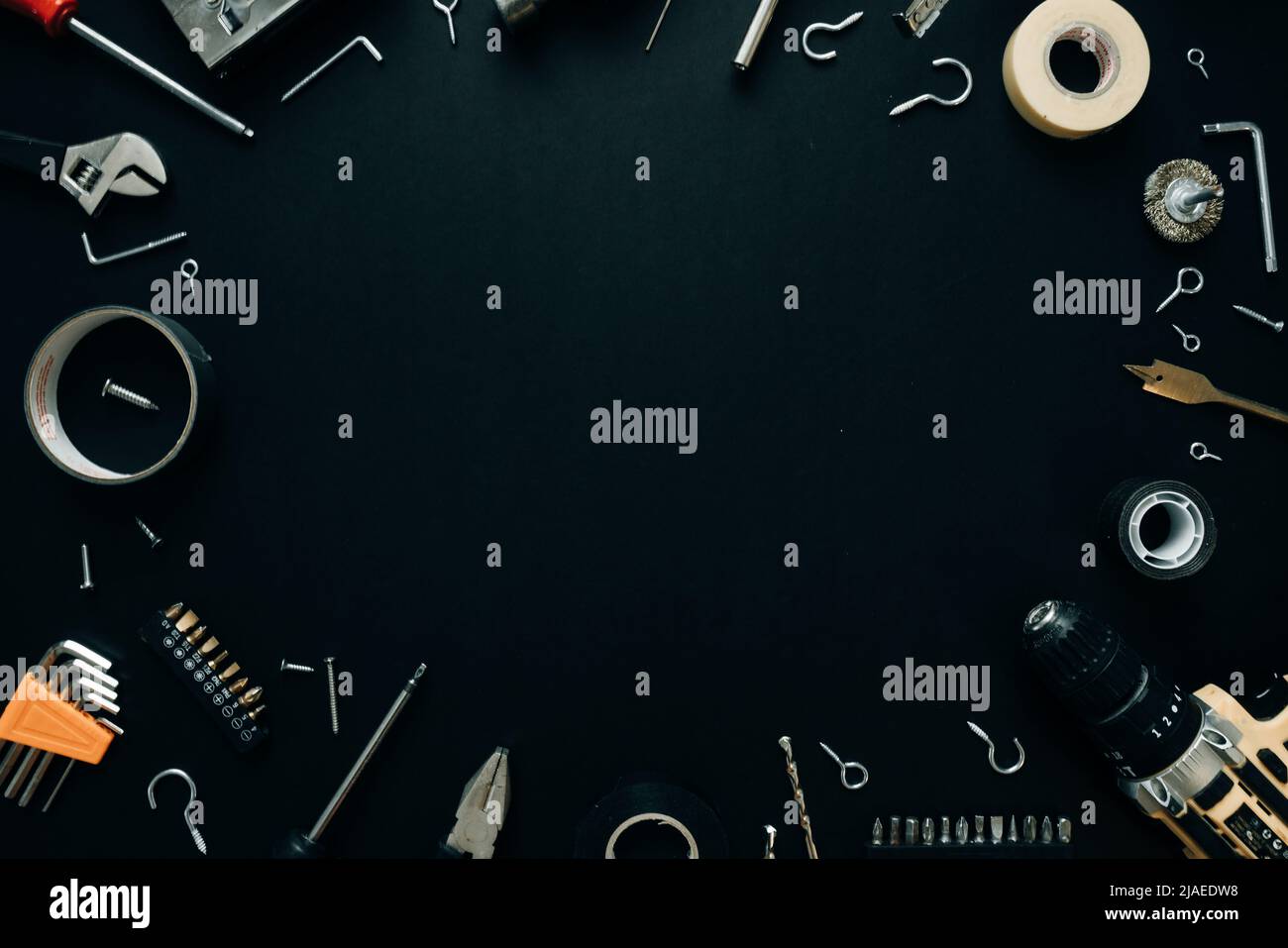 construction tools on a BLACK background Stock Photo - Alamy