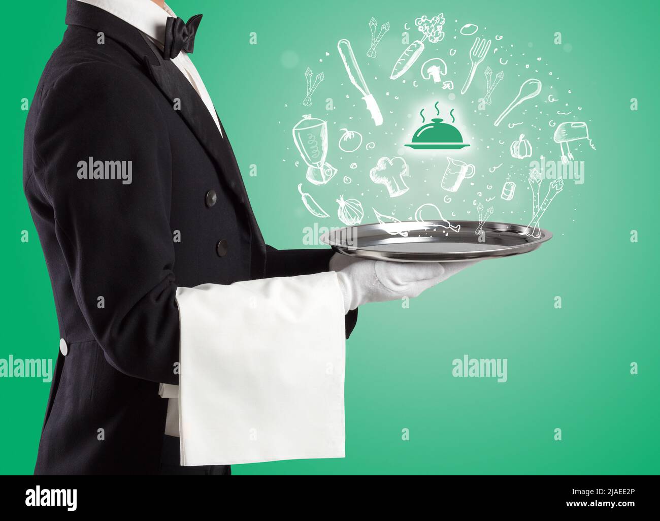 Waiter holding silver tray with food icons above Stock Photo - Alamy