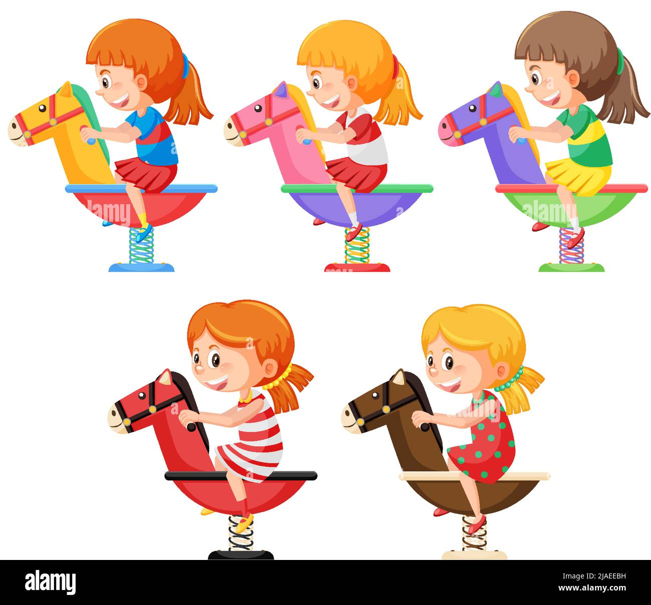 Set of kids riding on different spring rocking horses illustration ...