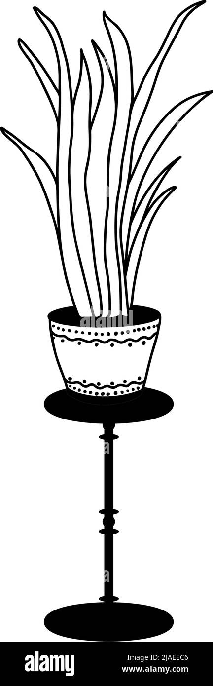 Potted flowers on a stand, home decor. Freehand drawing, linear black ...