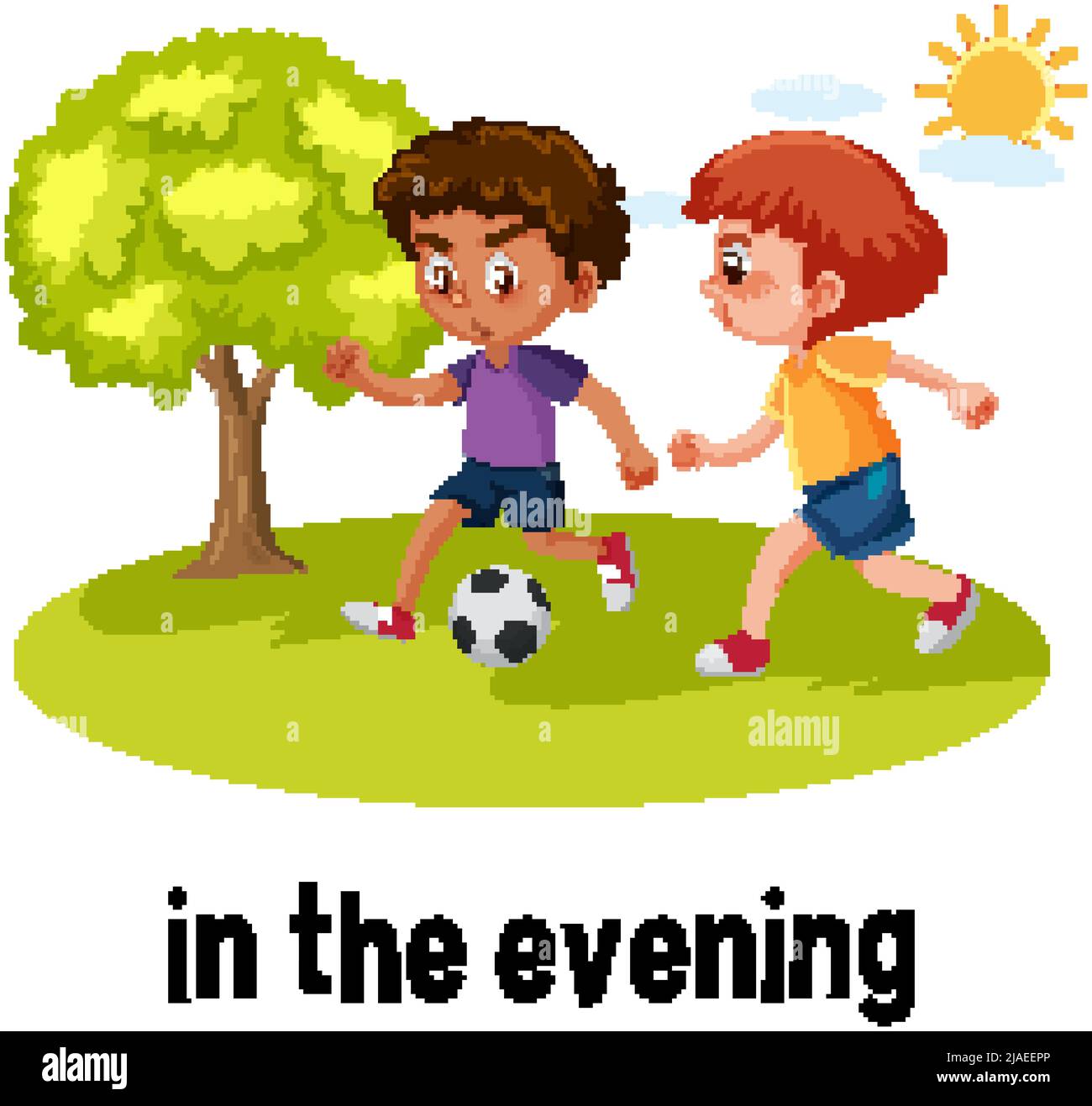 English prepositions of time with evening scene illustration Stock ...