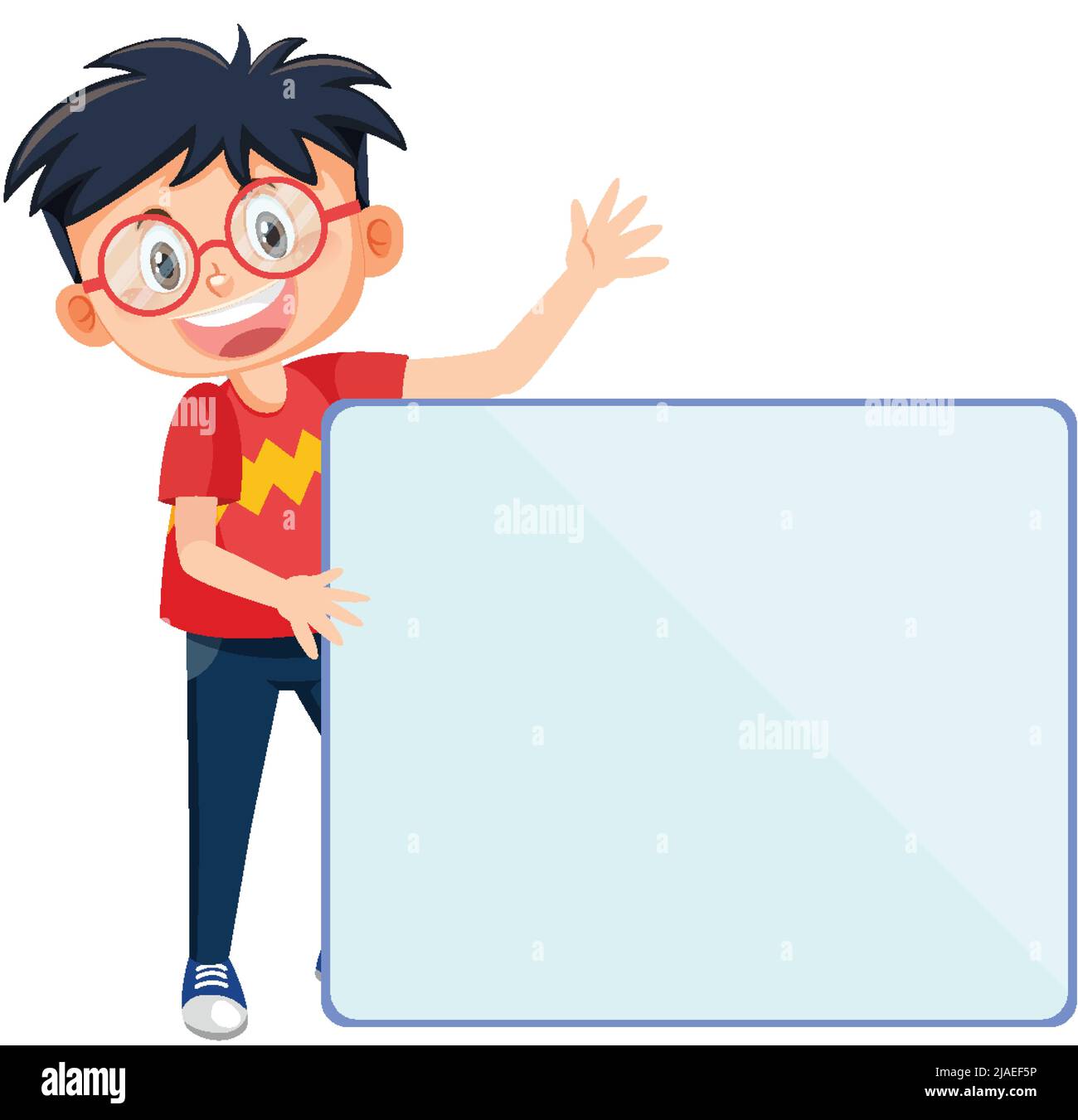 Cute boy holding blank board in cartoon style illustration Stock Vector ...