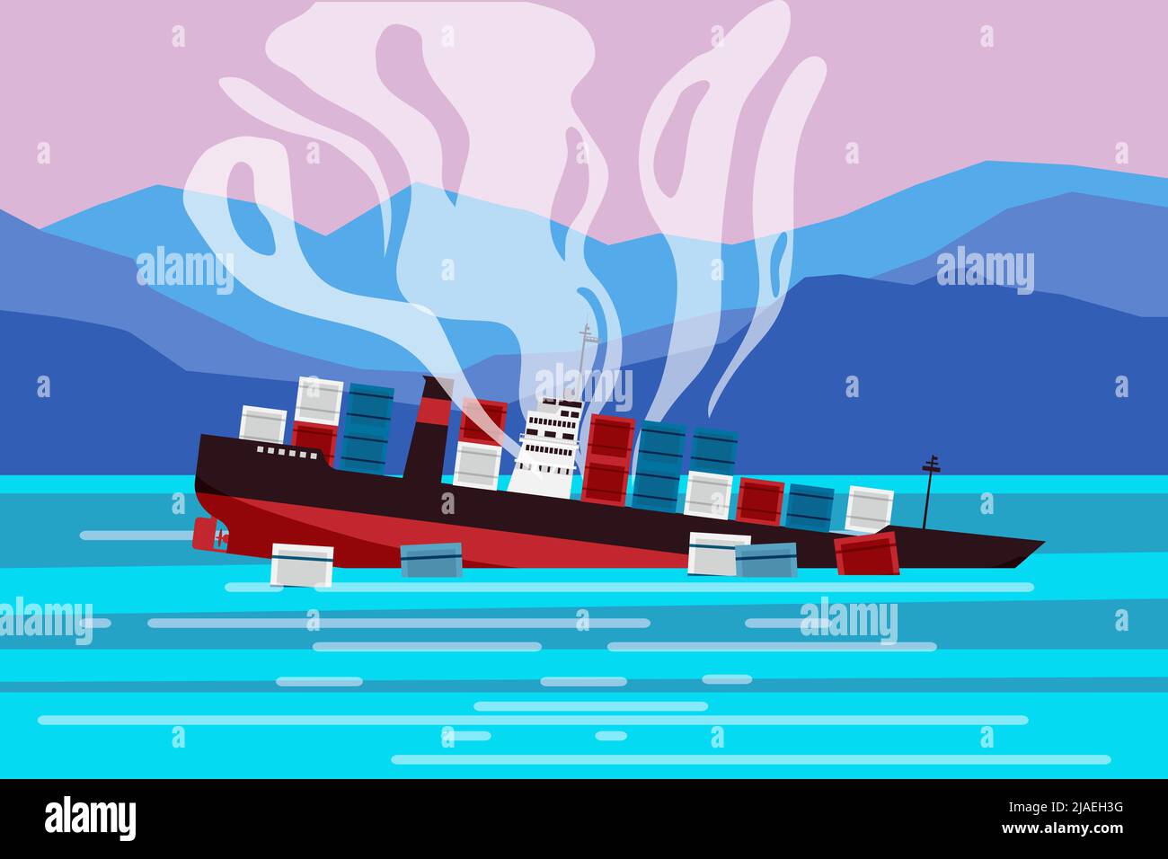 Wreck of the ship of cargo in ocean, vessel going under water and goods ...