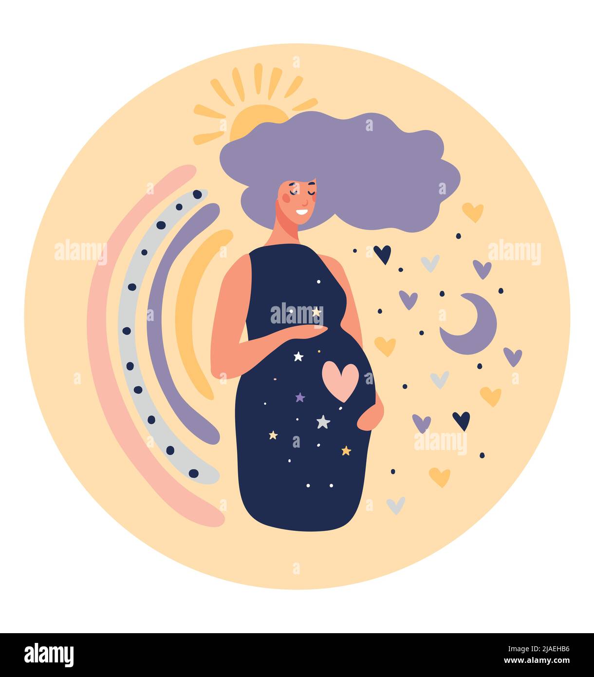 Round icon of cute pregnant young mommy, rainbow and sun, harmonious ...