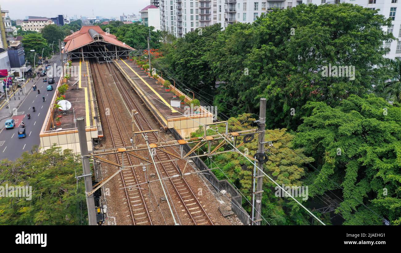Aerial view of a commuter train station and train tracks Stock Photo ...