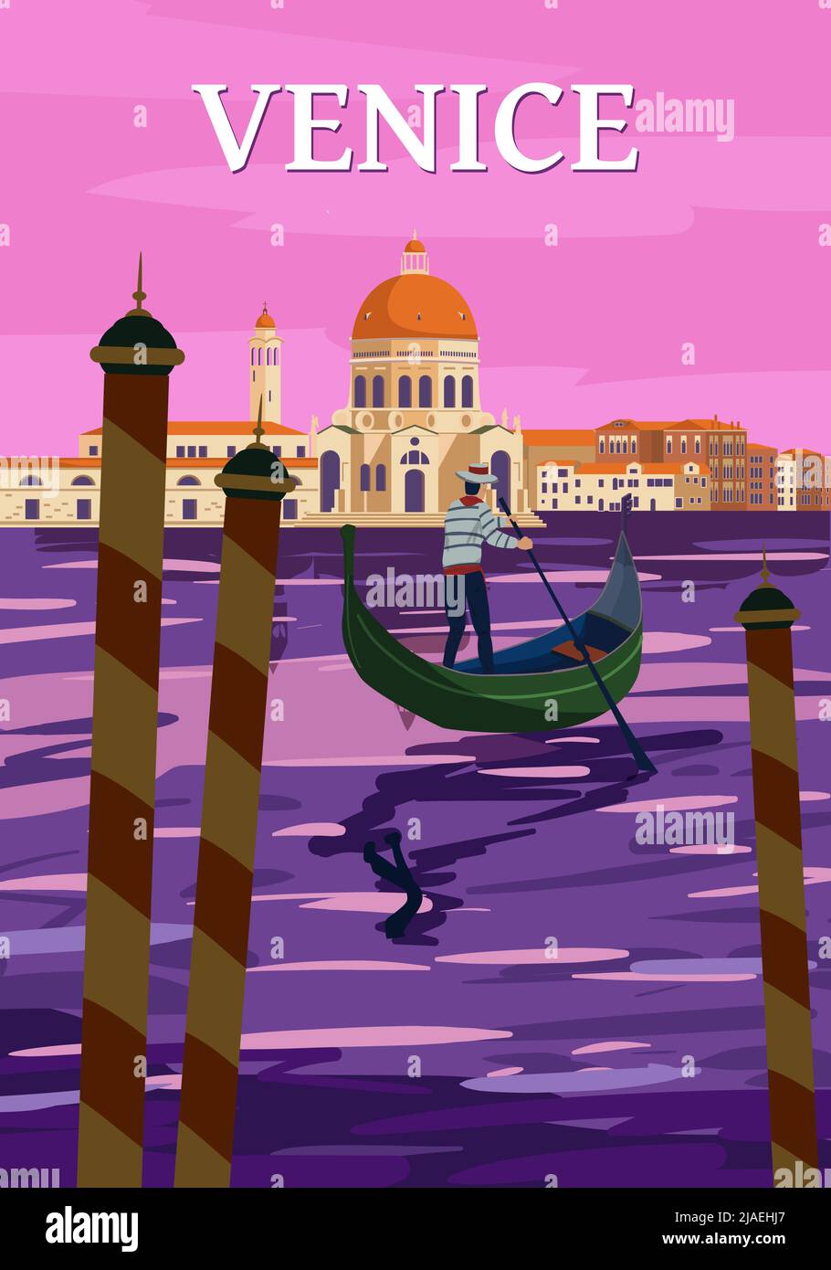 Venice Italia Poster retro style. Grand Canal, gondolier, architecture ...