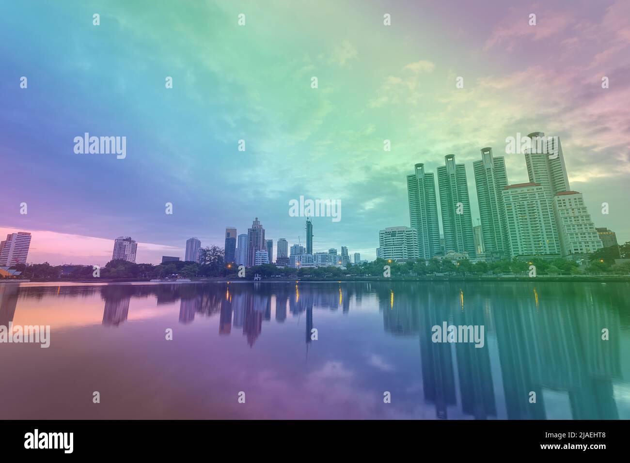 City building with water reflection before sunset background Stock ...