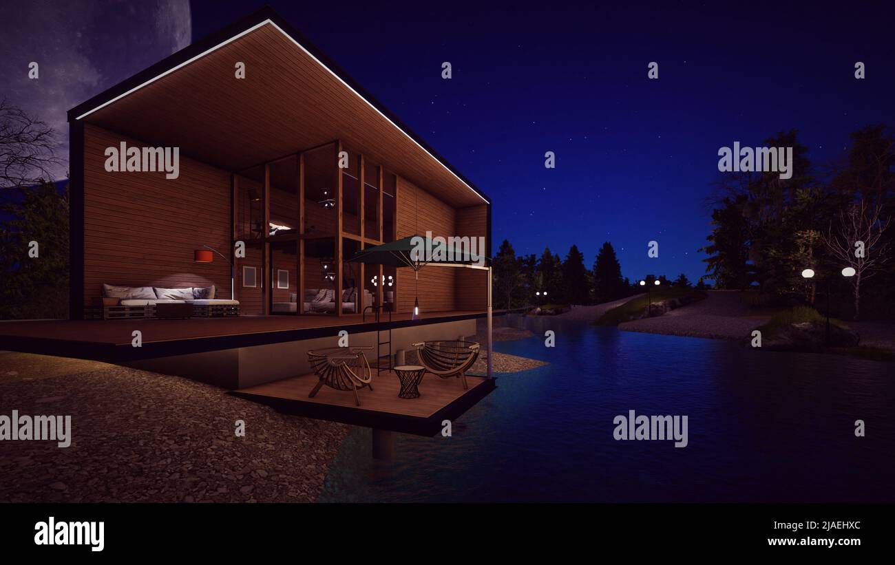 wooden house design at the river side in evening with stars and natural ...