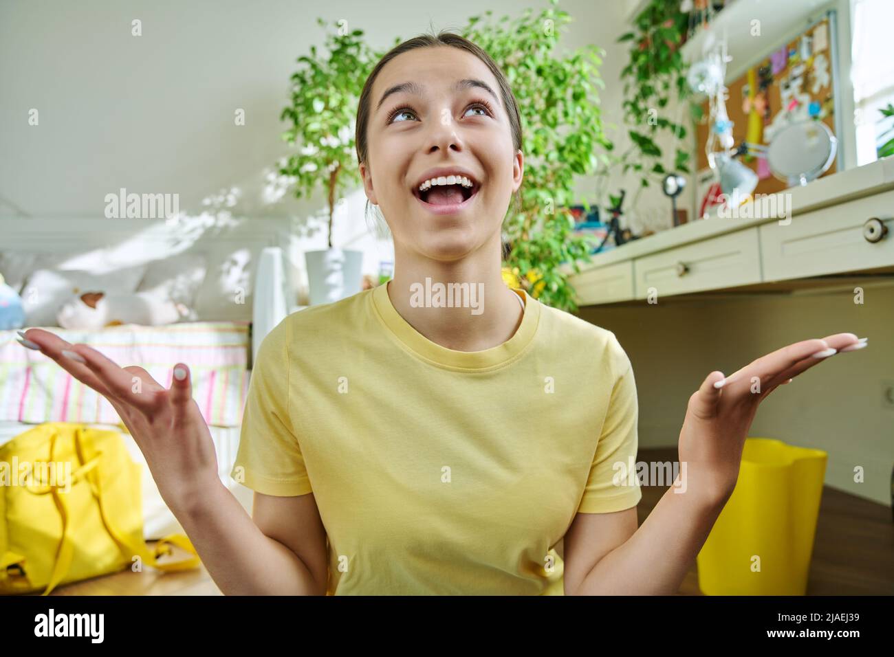 Teenage female student having video call, looking at webcam Stock Photo ...