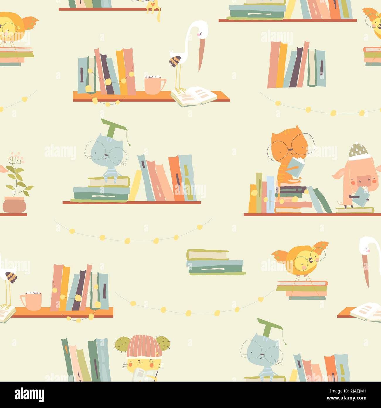 Seamless Pattern with Cute Animals reading Books on Bookshelves Stock ...