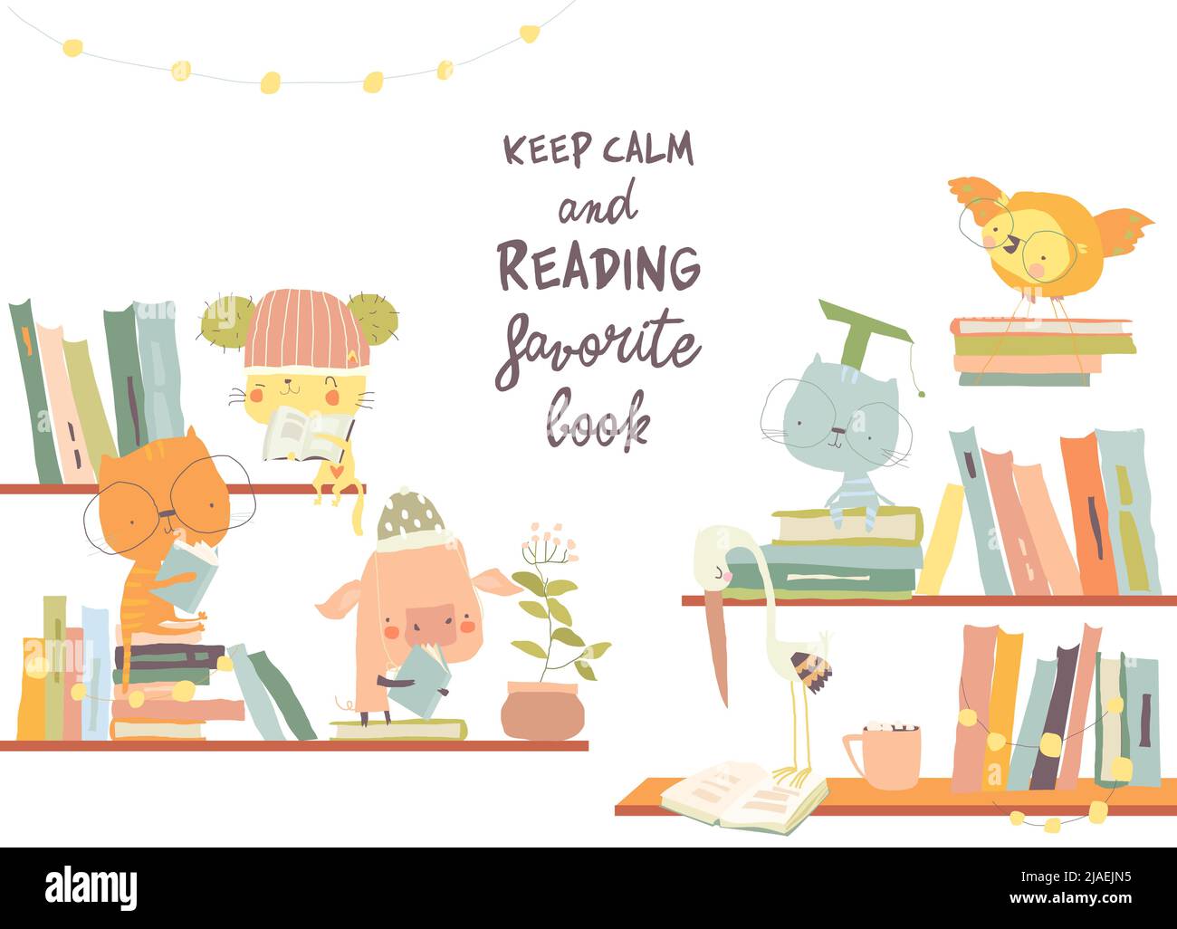 Cute Cartoon Animals sitting on Stacks and reading Books Stock Vector ...