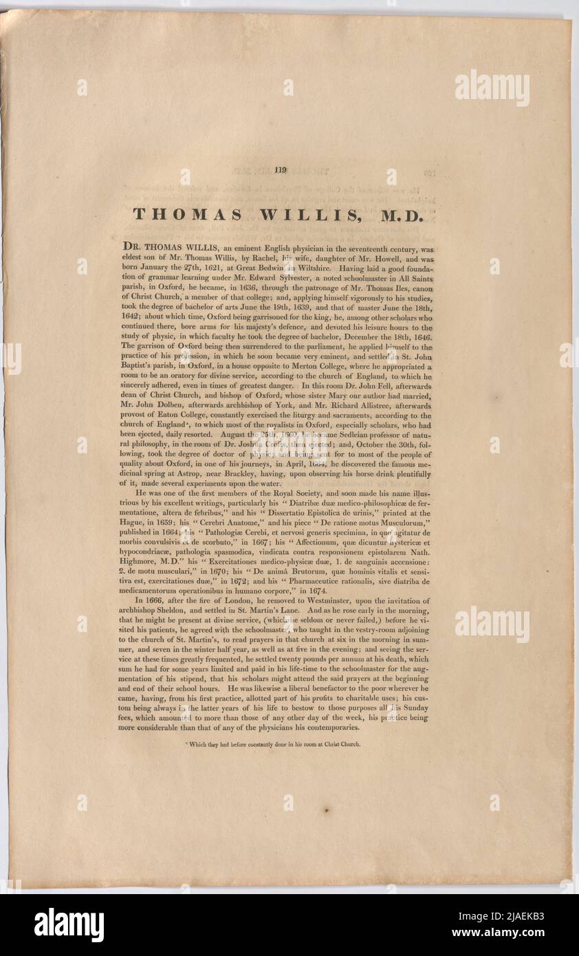 Thomas Willis, M. D. ". Biography of Thomas Willis, English doctor (from" The Heads of ...