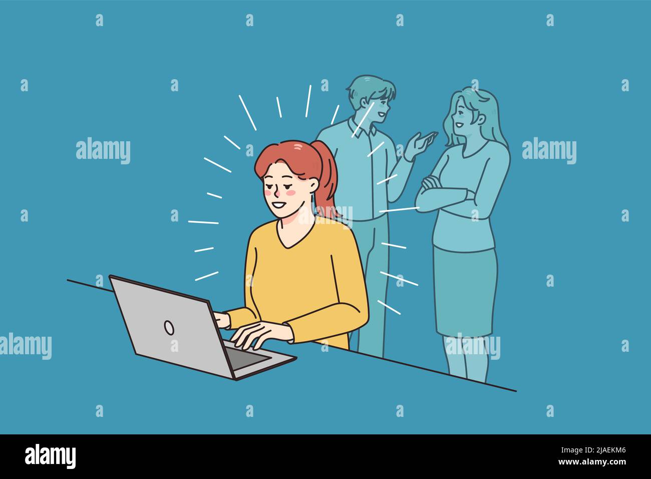 Happy young woman sit at desk work on computer distracted form ...