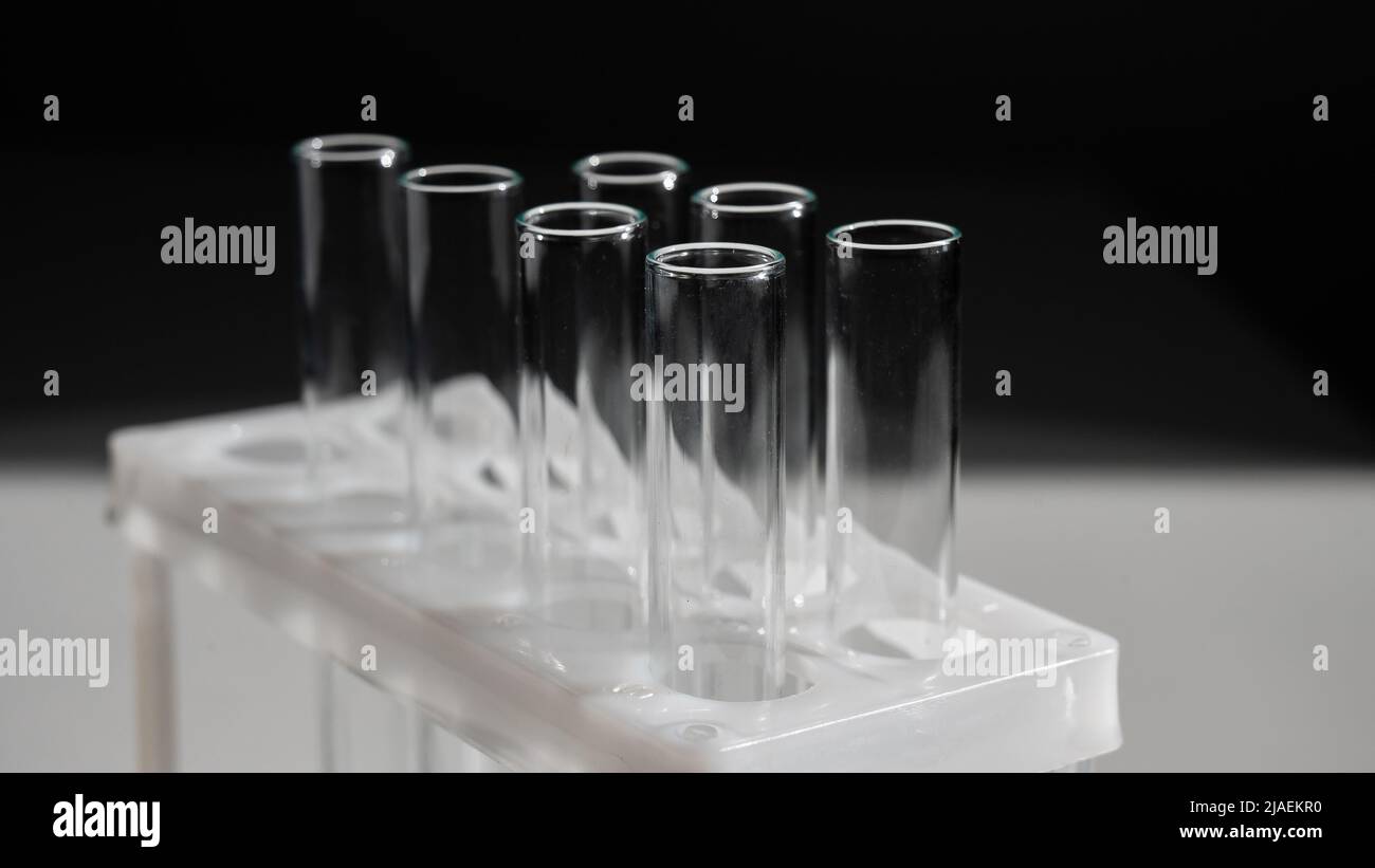 Empty test tubes in a rack on a white background Stock Photo - Alamy