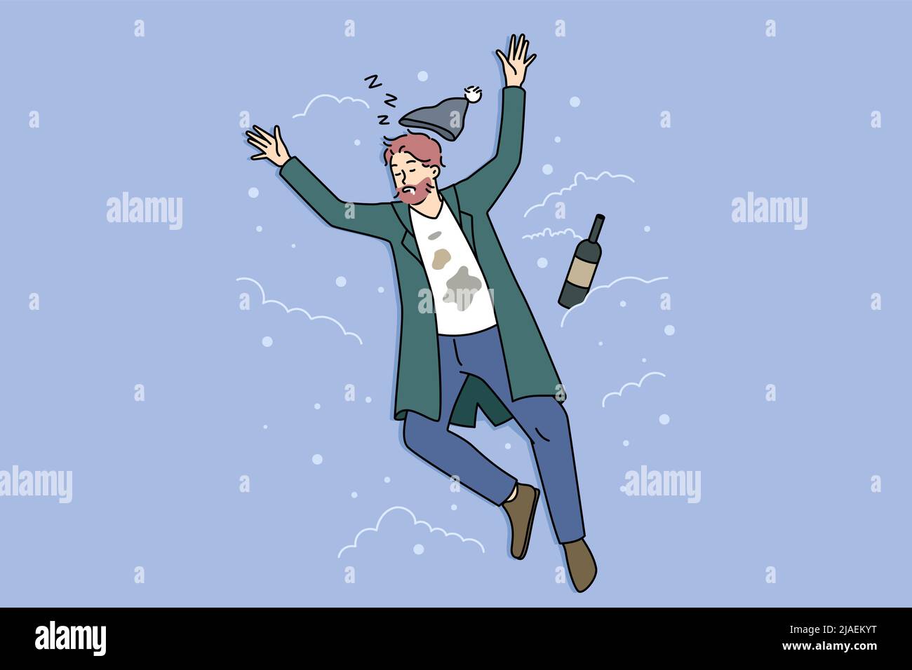 Homeless man sleeping on street on snow next to bottle. Drunk male doze ...