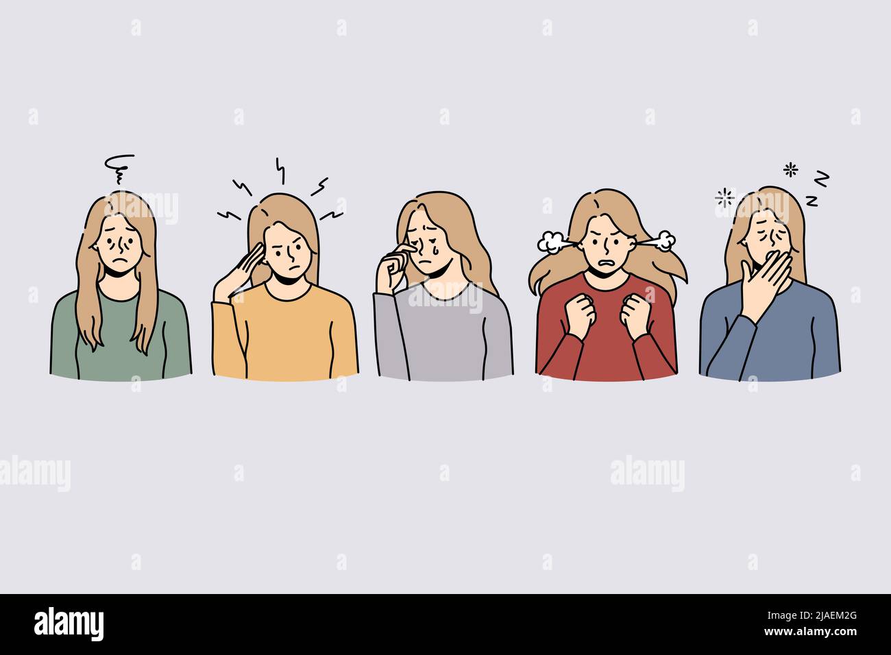 Set of young women having different symptoms and emptions of stress in ...