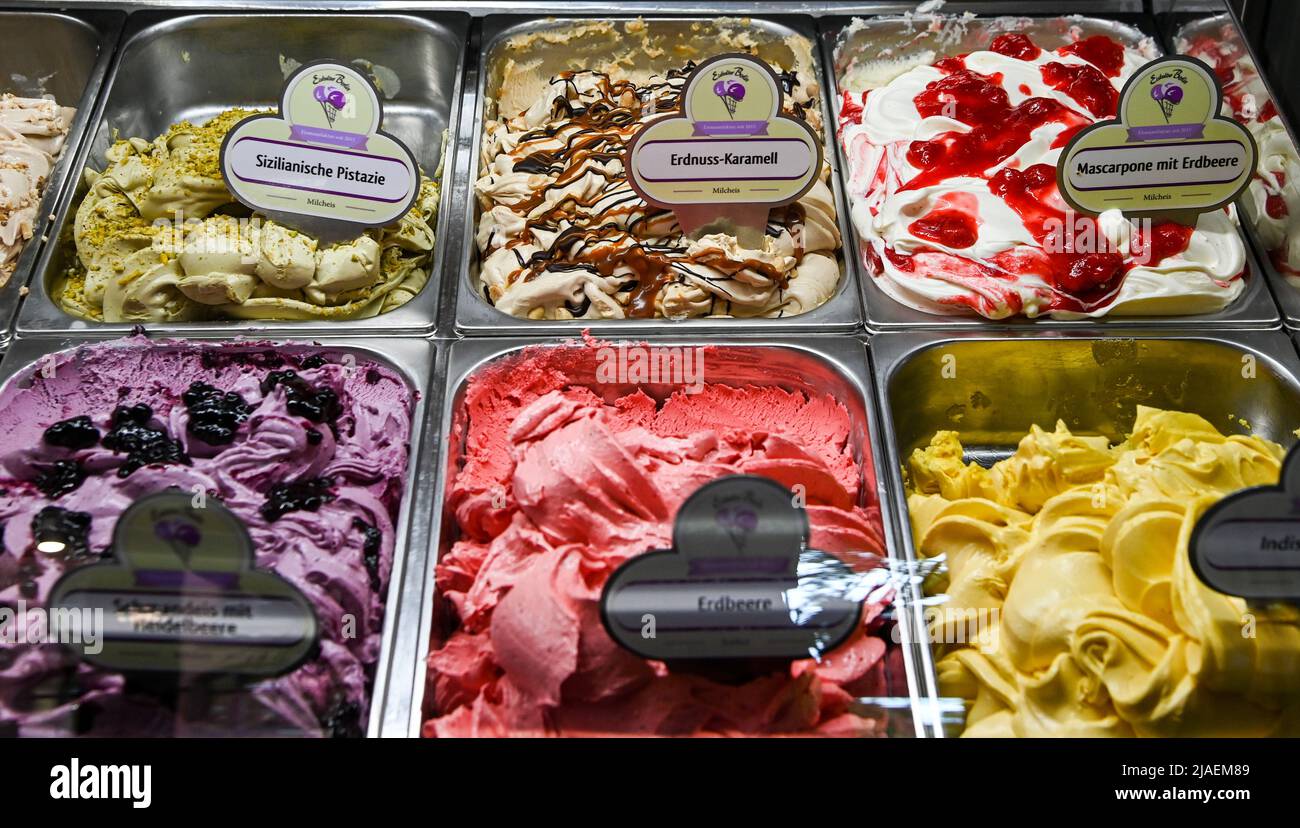 Berlin, Germany. 24th May, 2022. Various types of ice cream in trays ...