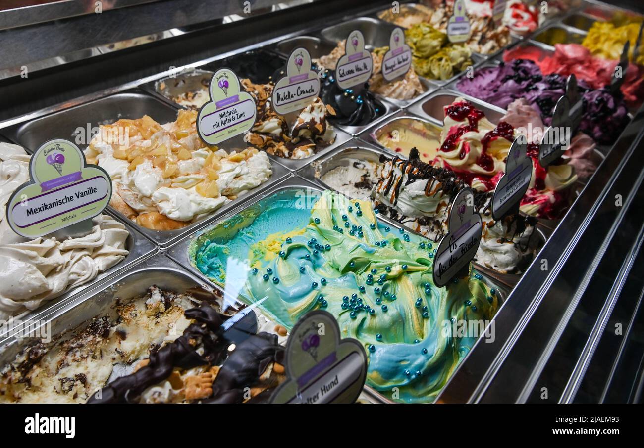 Berlin, Germany. 24th May, 2022. Various types of ice cream in trays ...