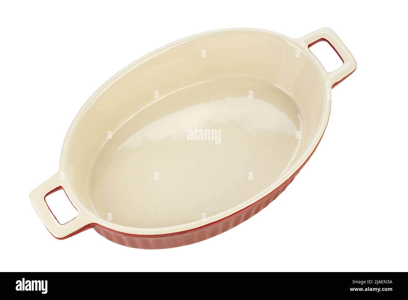 Red ceramic baking dish on a white background. File contains clipping ...