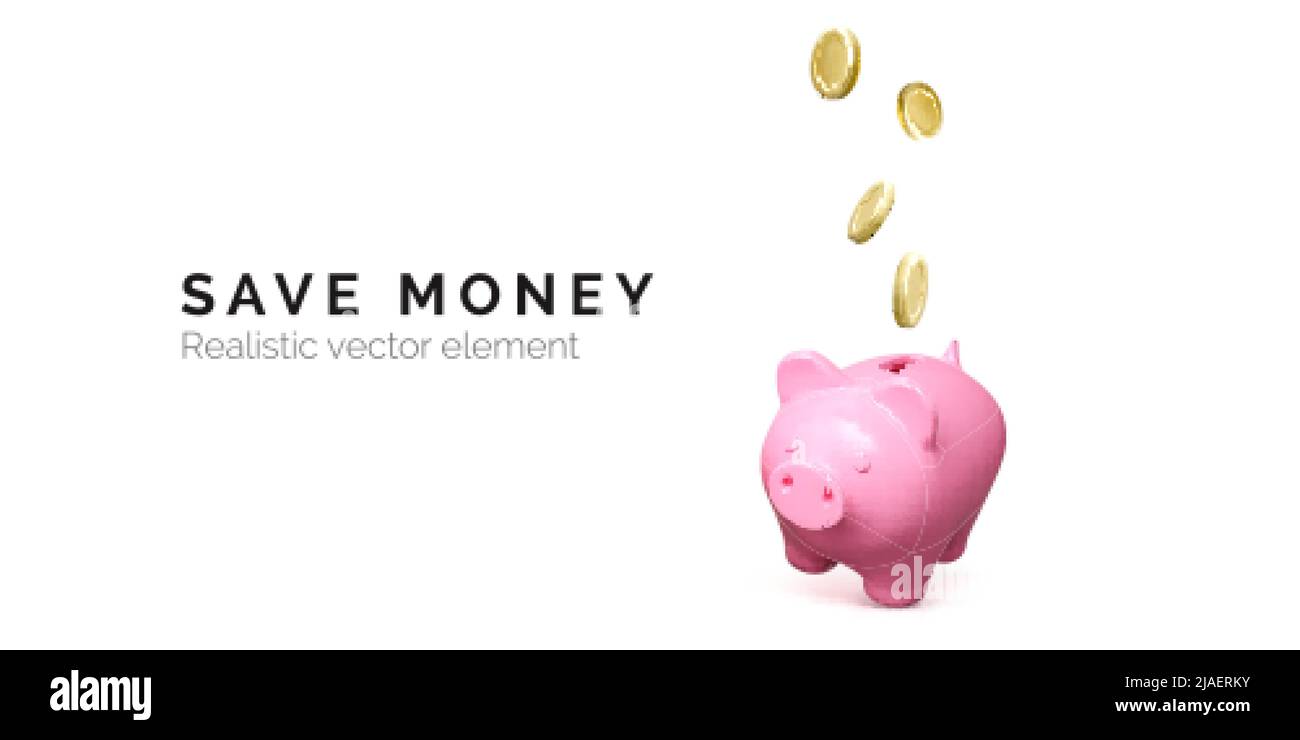 Pink piggy bank with falling gold coin. Money savings concept. 3D ...