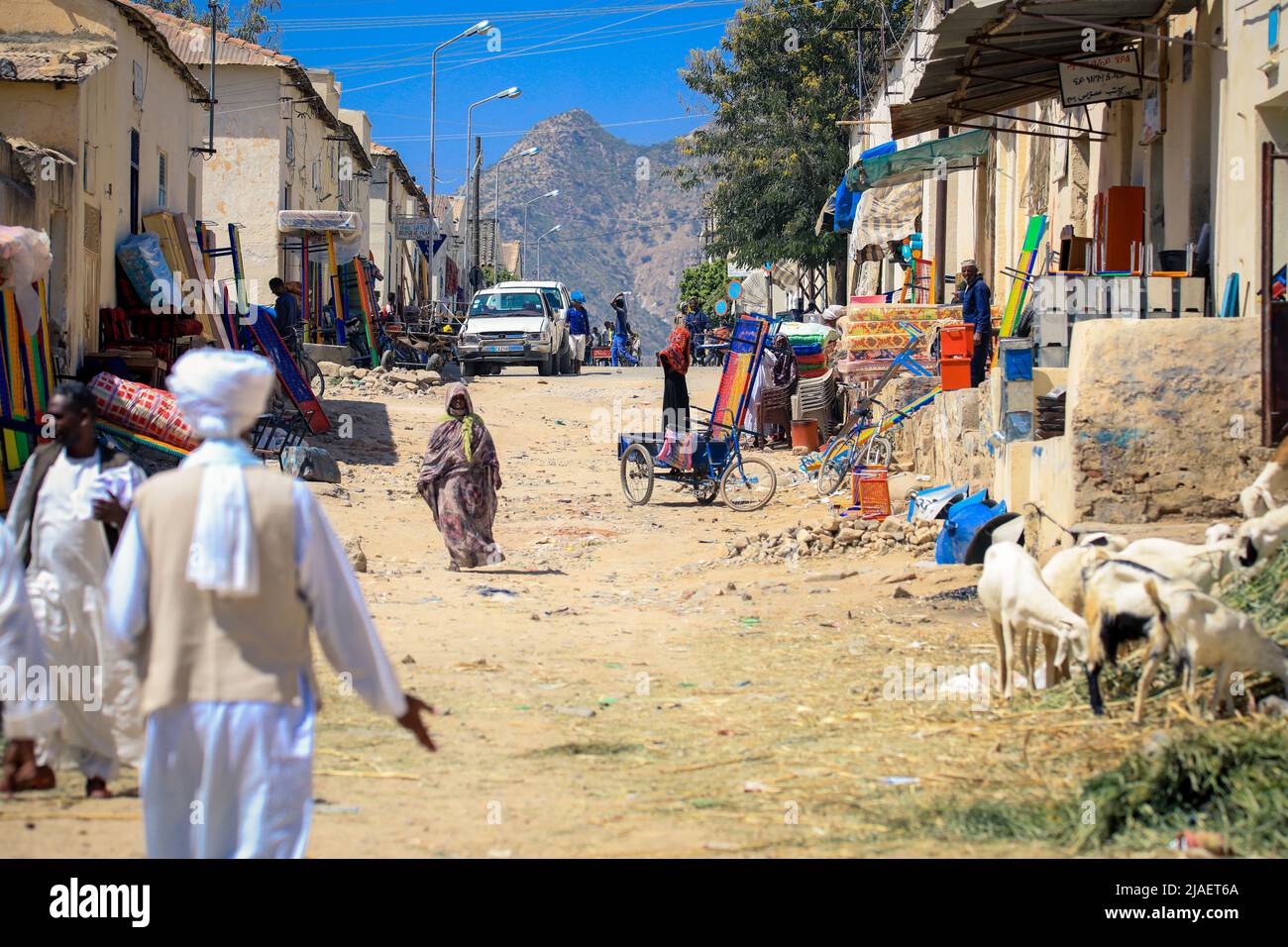 Local Eritrean People walking near the Fruit and Vegetable Keren Market ...