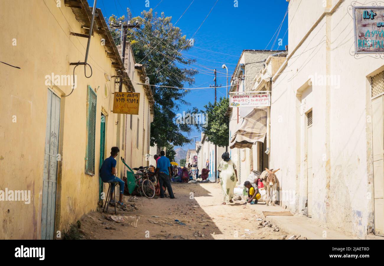 Local Eritrean People walking near the Fruit and Vegetable Keren Market ...