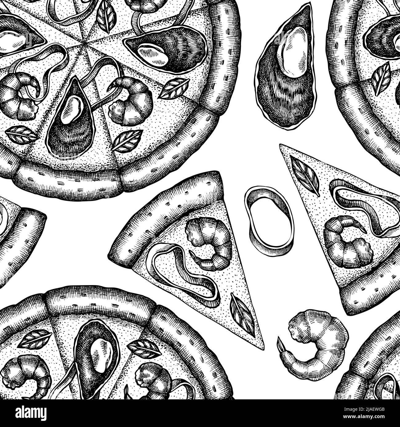 Pizza seamless pattern background design. Engraved style. Hand drawn seafood pizza Stock Vector ...