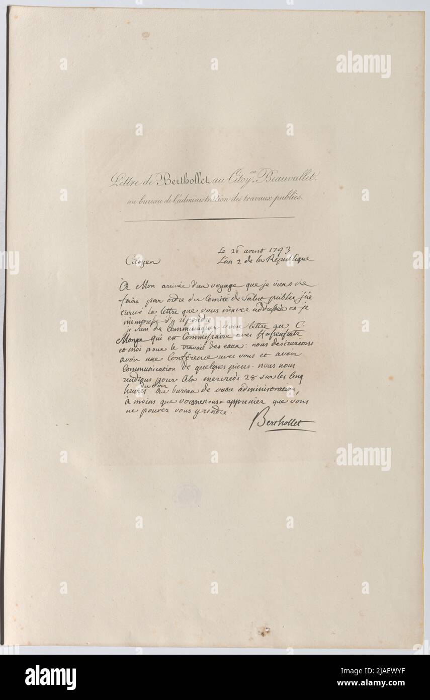 Letter from Berthollet to the Citizen Beauvallet. At the office of ...
