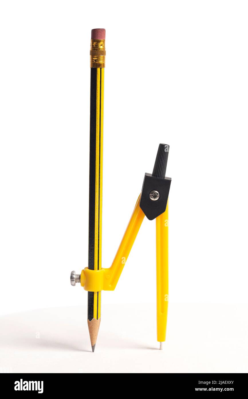 Yellow compass with pencil isolated on white background Stock Photo - Alamy