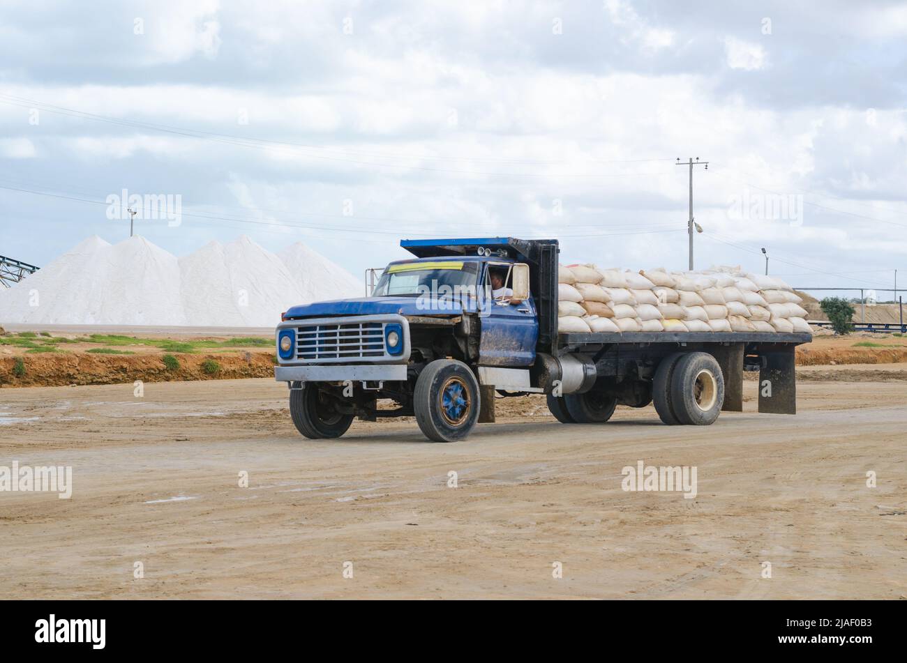 Truck transporting bales of salt in the salt mines in Manaure in the ...