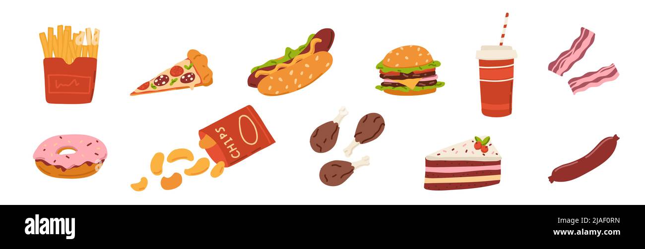 Unhealthy food. Burger chips fastfood set. Vector snack cartoon concept ...