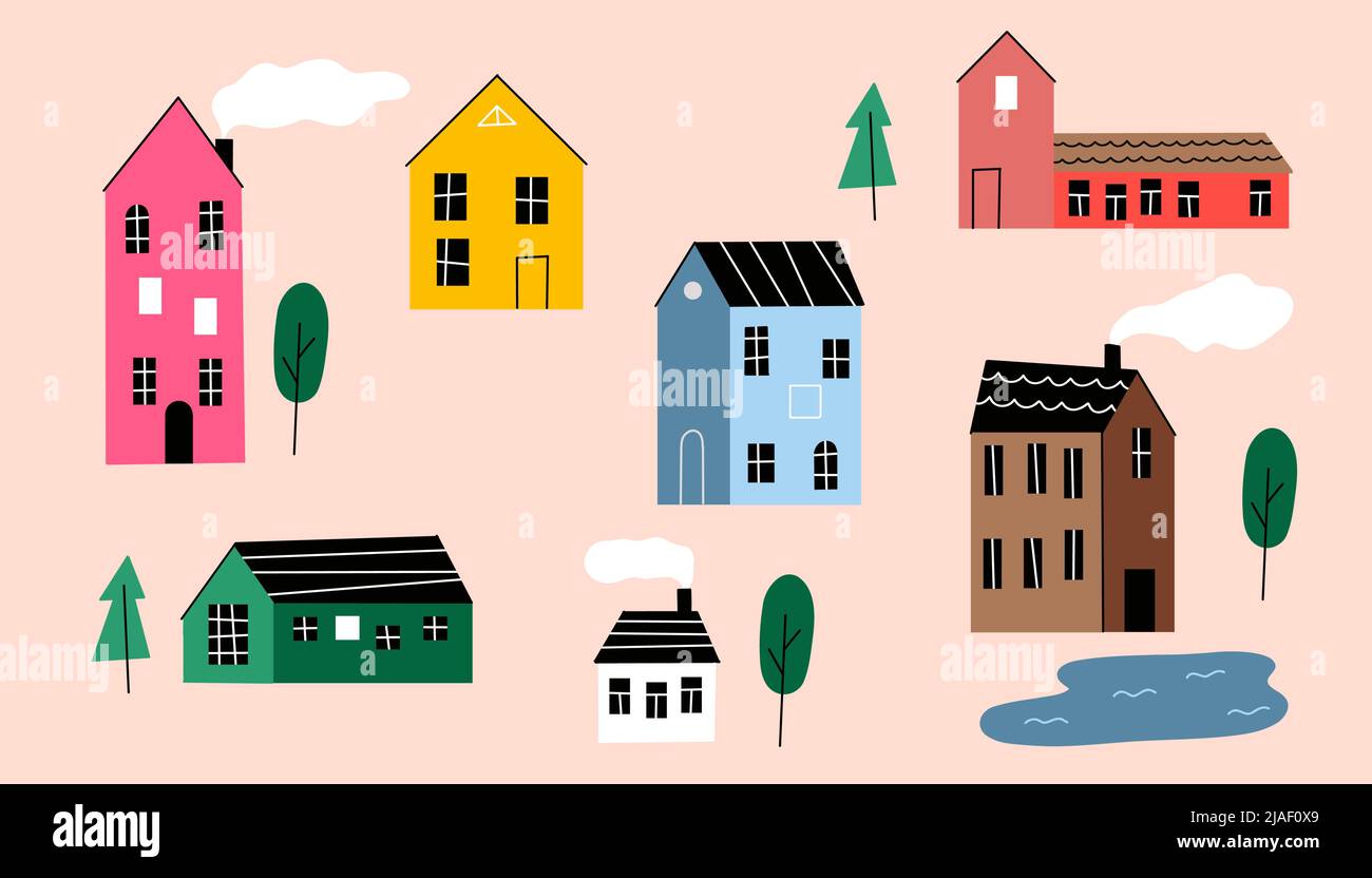 Doodle buildings. Cute small house and garden. Vector flat apartments ...