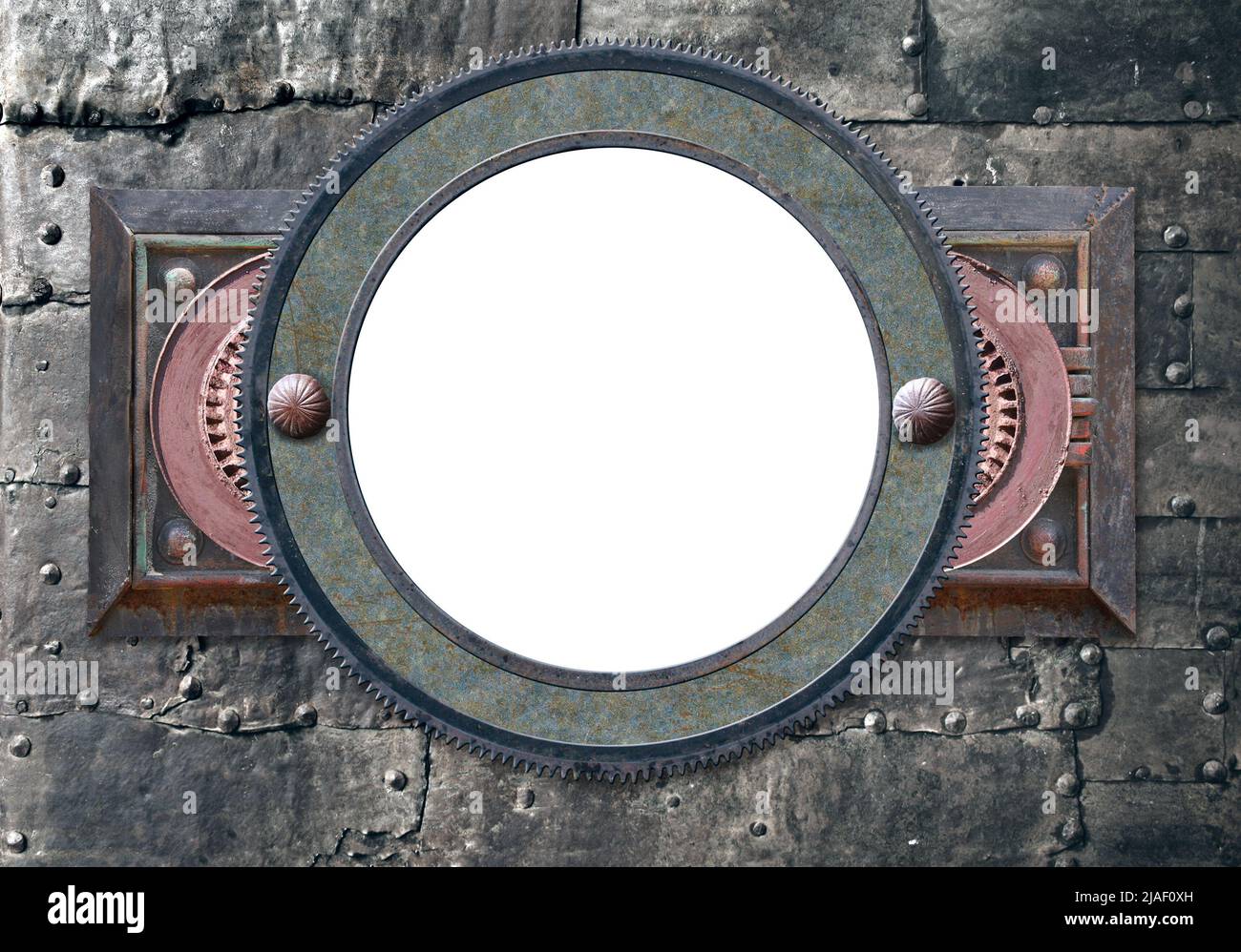Metallic round frame with vintage machine gears and retro cogwheel ...