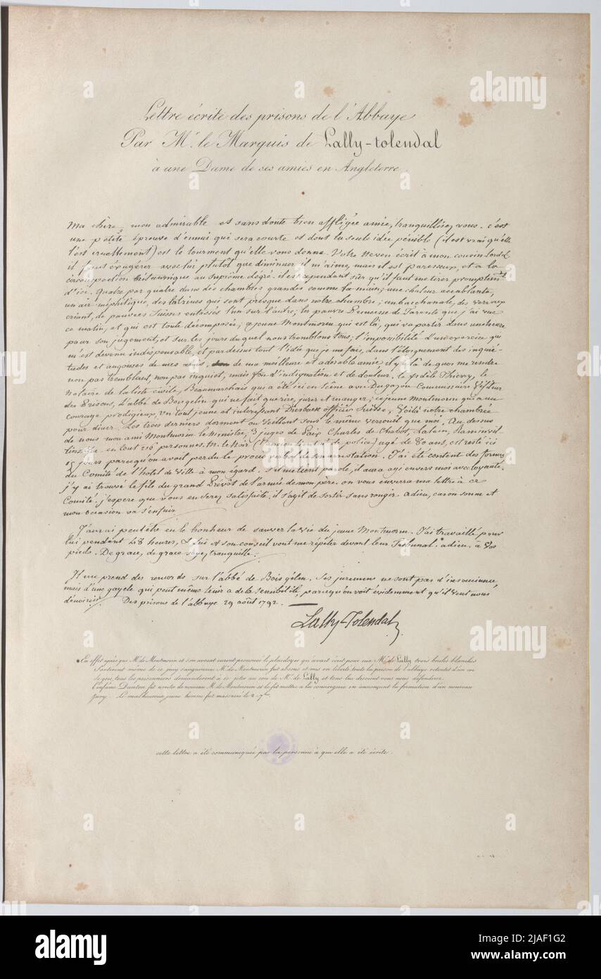 Letter Written of the prisons of the abbey by Mr. Marquis de Lally ...